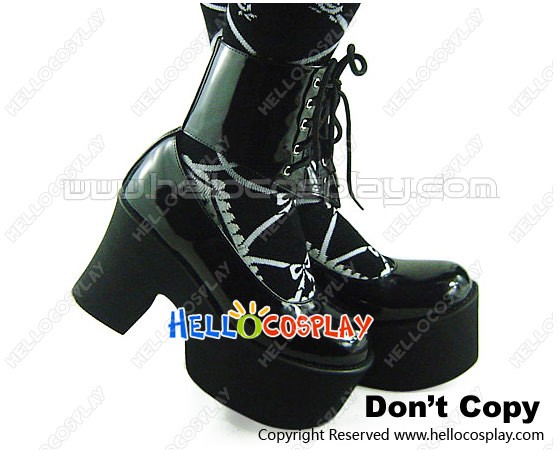 Black Shellac Ankle Strap Lacing Chunky Punk Lolita Shoes