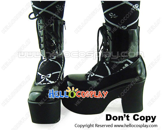 Black Shellac Ankle Strap Lacing Chunky Punk Lolita Shoes