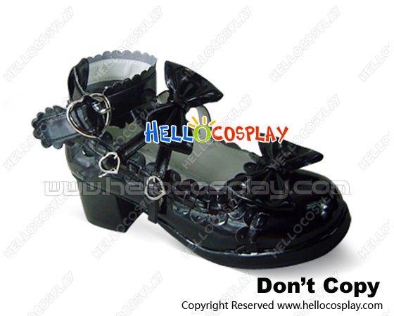 Mirror Black Ruffle Bows Chunky Princess Lolita Shoes